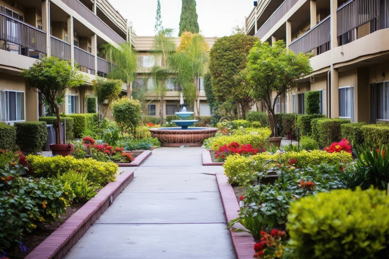 Lush Courtyard of Upscale Apartment Complex Stock Photo - Image of ...