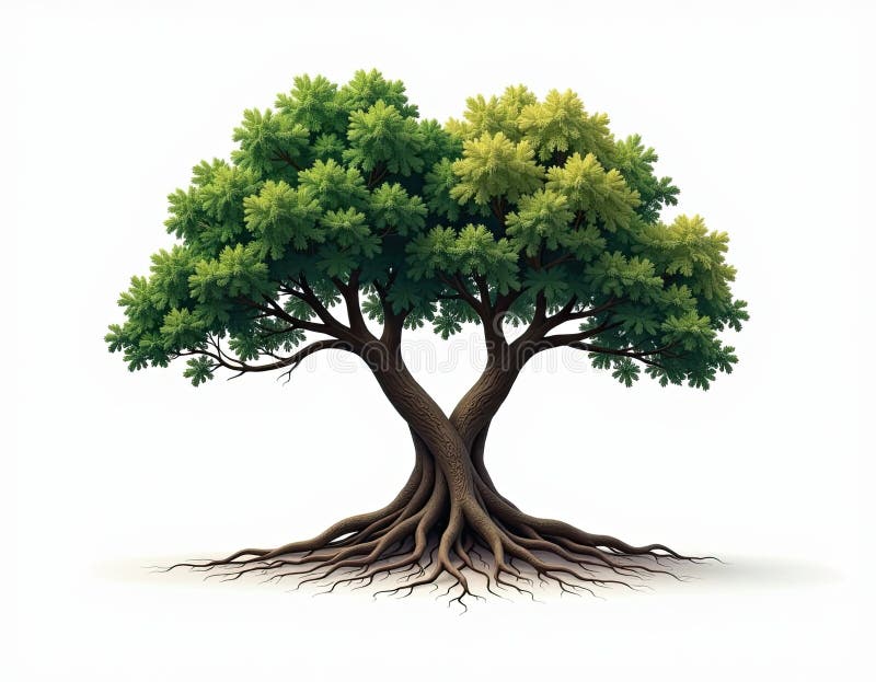 Lush Double Trunk Tree with Exposed Roots - Isolated on White Stock ...