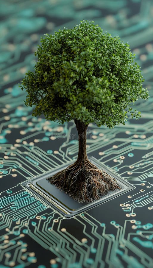 A Lush Eco Tree Thriving from a Circuit Board Chip, Symbolizing Harmony ...