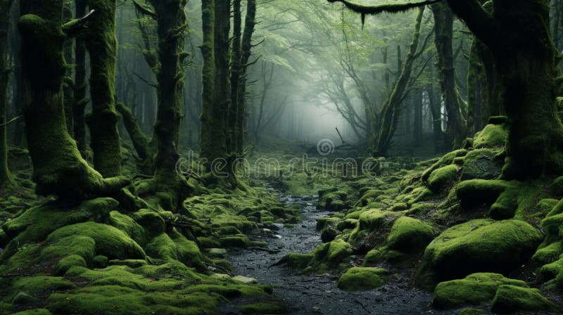 A Lush, Emerald Forest with Towering Trees and a Carpet of Moss Beneath ...