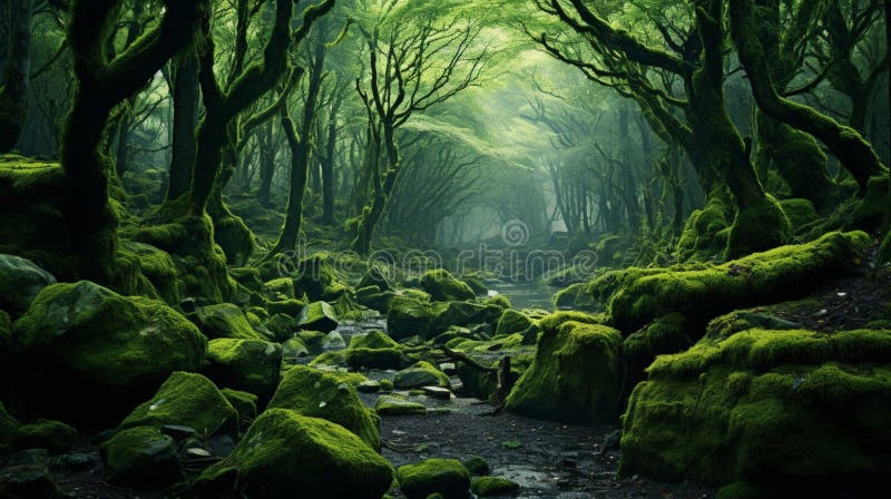 A Lush, Emerald Forest with Towering Trees and a Carpet of Moss Beneath ...
