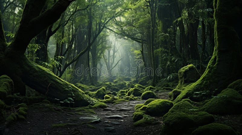 A Lush, Emerald Forest with Towering Trees and a Carpet of Moss Beneath ...