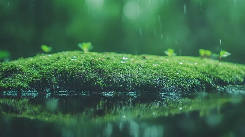 Lush Emerald Green Moss on Wet Rock with Raindrops for Nature and ...
