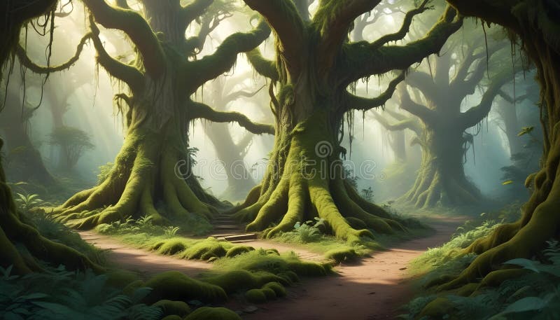 A Lush, Enchanted Forest with Massive, Twisted Tree Trunks Covered in ...