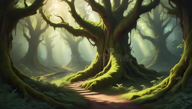 A Lush, Enchanted Forest with Massive, Twisted Tree Trunks Covered in ...