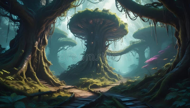 A Lush, Enchanted Forest with Massive, Twisted Tree Trunks Covered in ...