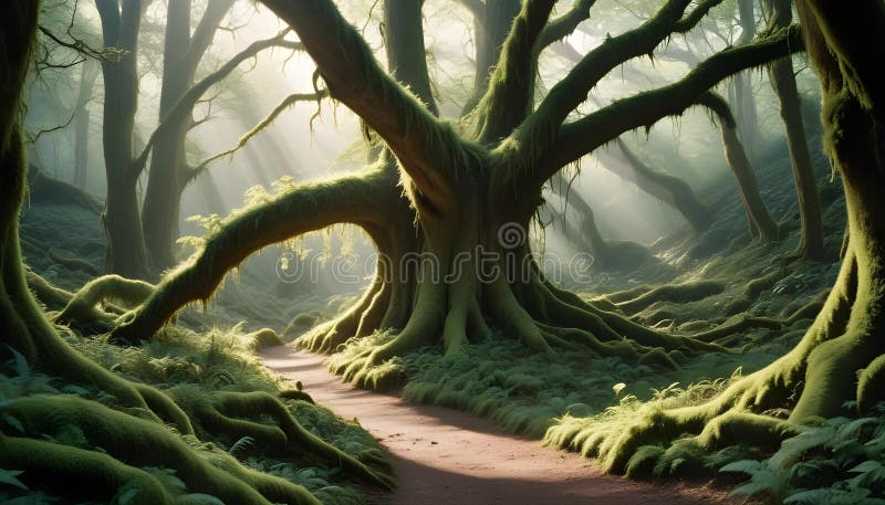A Lush, Enchanted Forest with Massive, Twisted Tree Trunks Covered in ...