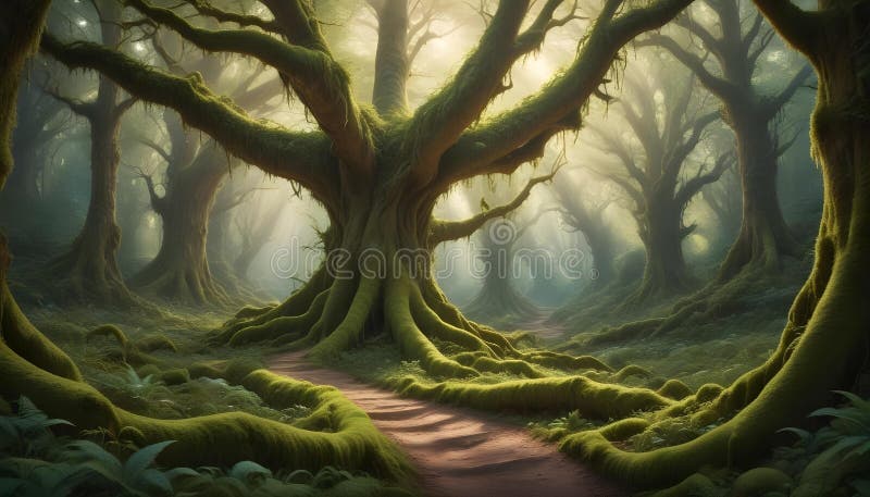 A Lush, Enchanted Forest with Massive, Twisted Tree Trunks Covered in ...