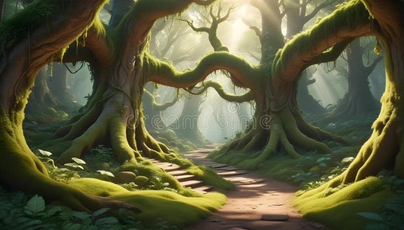 A Lush, Enchanted Forest with Massive, Twisted Tree Trunks Covered in ...
