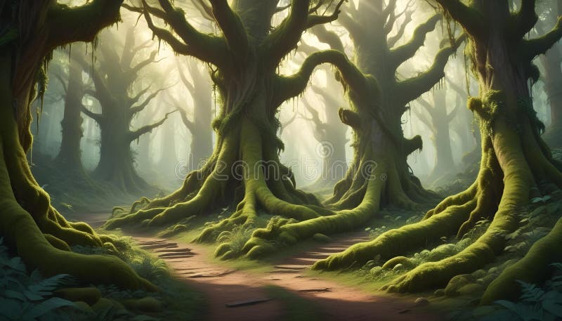 A Lush, Enchanted Forest with Massive, Twisted Tree Trunks Covered in ...