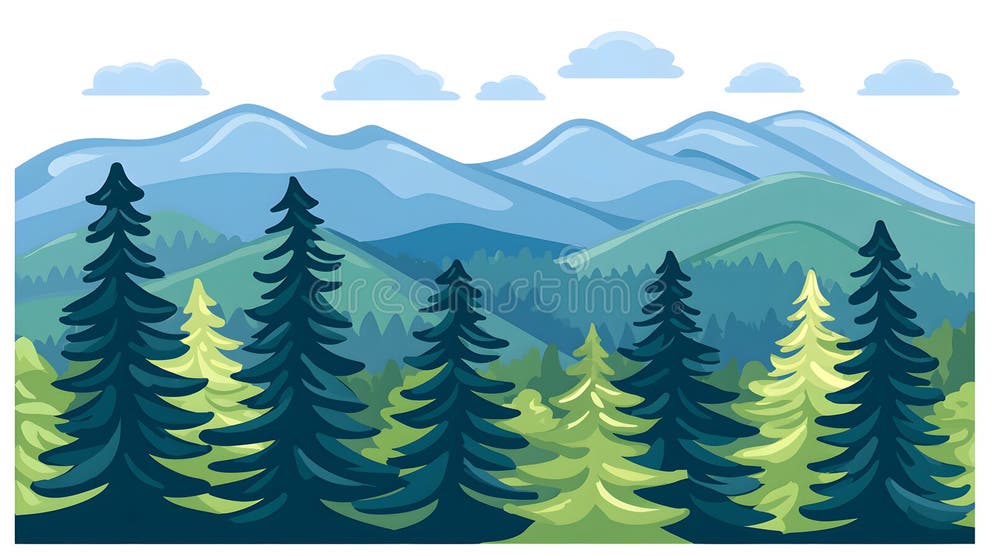 Lush Evergreen Forest with Distant Blue Mountains Stock Photo - Image ...