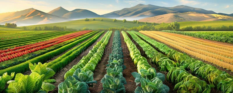 Lush Farm Fields with Vibrant Rows of Vegetables Under a Clear Sky and ...