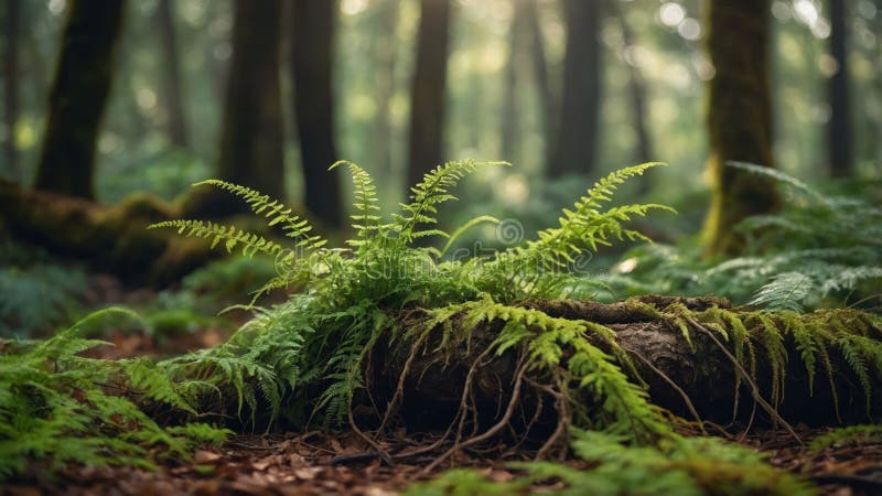 Lush Green Ferns Growing on a Forest Log in Sunlight Stock Illustration ...