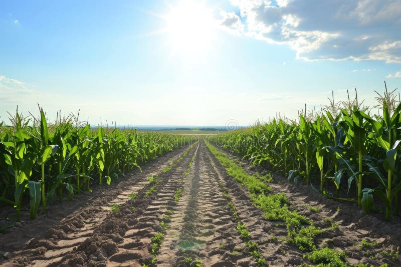 A Lush Field of Corn Crops Stretches Towards the Horizon, Illuminated ...
