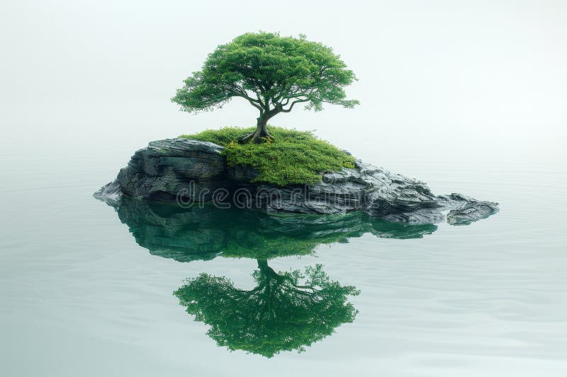A Lush Floating Green Tree with Root System Extending Downward Against ...