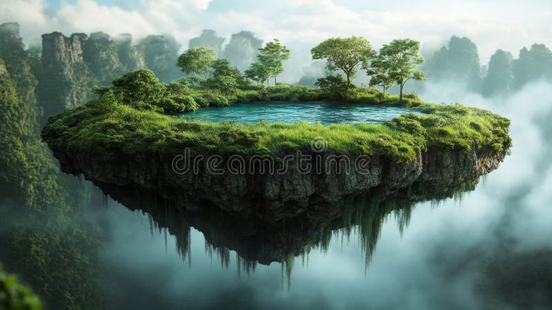Lush Floating Island with a Pond and Trees Stock Image - Image of ...