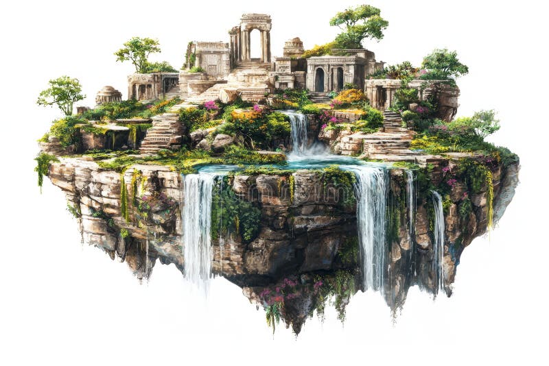 A Lush Floating Island with Waterfalls and Ancient Ruins, Hovering ...