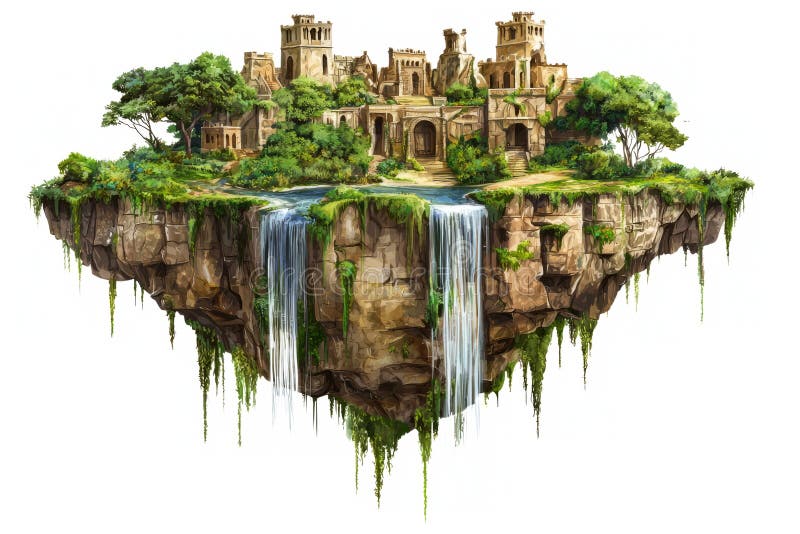 A Lush Floating Island with Waterfalls and Ancient Ruins, Hovering ...