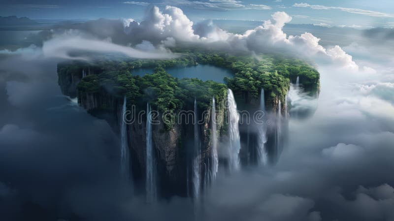 A Lush, Floating Island with Waterfalls Cascading Down Its Cliffs ...