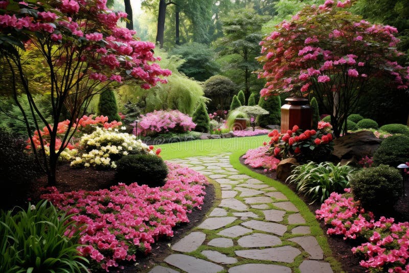 Lush Flower Beds Paths Backyard. Generate Ai Stock Image - Image of ...