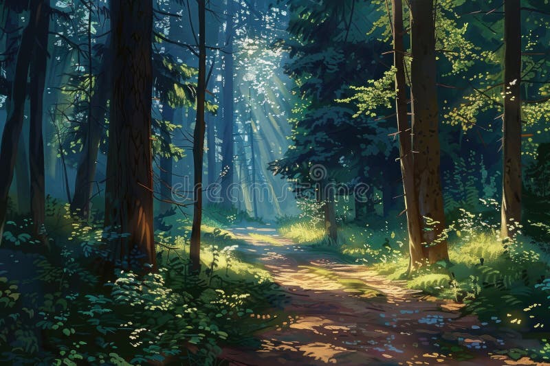 Lush Forest with Dirt Path Winding among Deciduous Trees Stock Photo ...