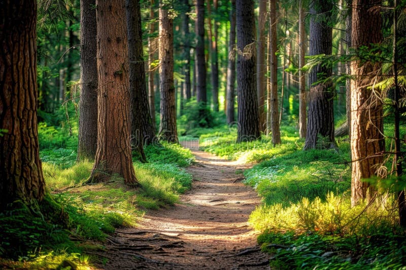 Lush Forest with Dirt Path Winding among Deciduous Trees Stock Photo ...