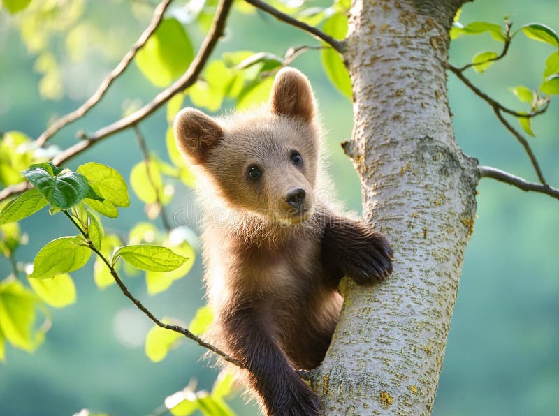 A Bear Cub - Climbing a Tree with Green Leaves and Branches. AI Image ...