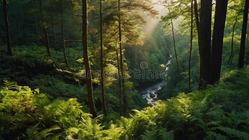 Sunlit Forest Stream and Lush Ferns: Serene Nature Scene Stock Illustration - Illustration of ...