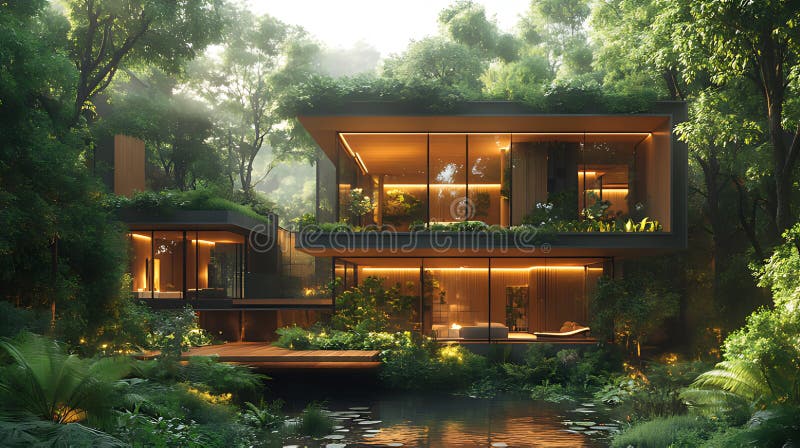Lush Forest Modern Home, Sunrise, Eco-Design Stock Illustration ...