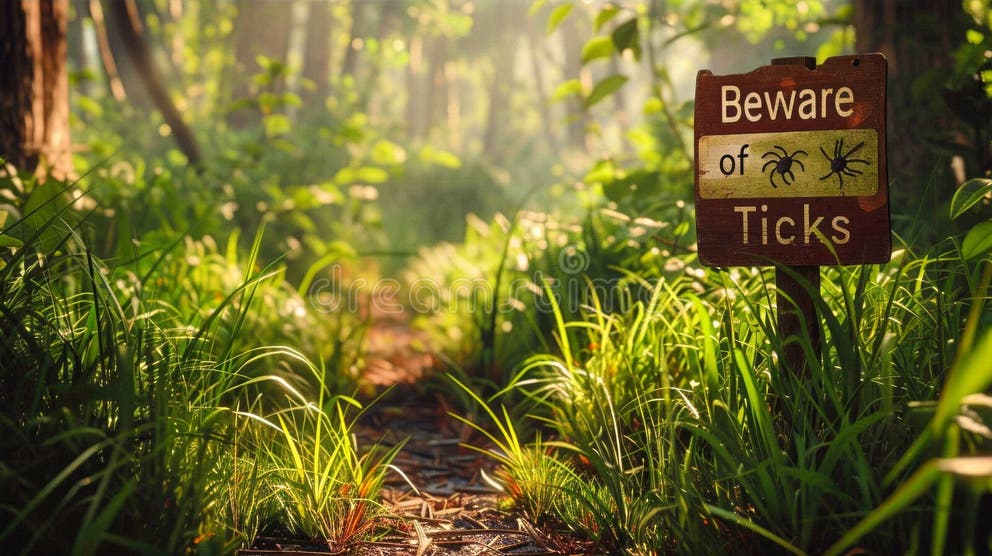 Lush Forest Path with a Warning Sign about Ticks Surrounded by Vibrant ...