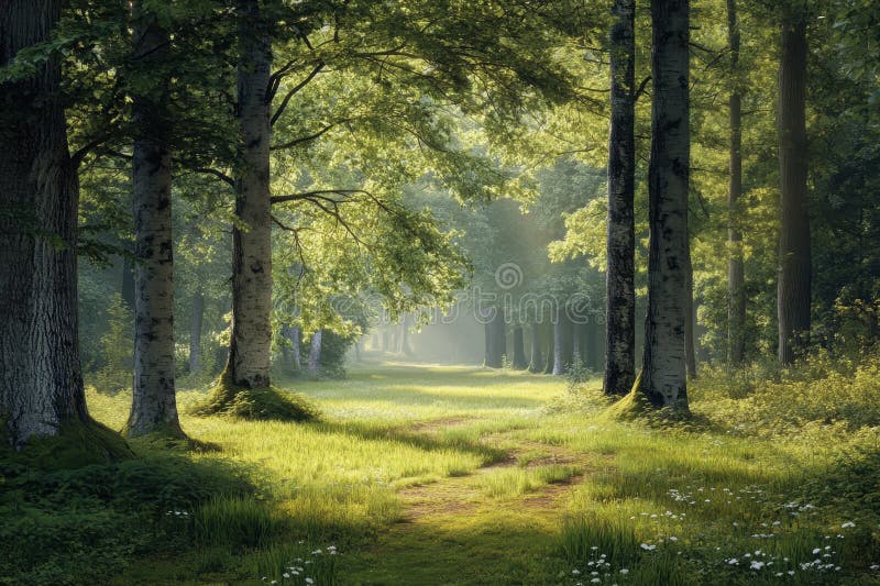 Lush Forest Path Illuminated by Sunlight Filtering through Trees at ...