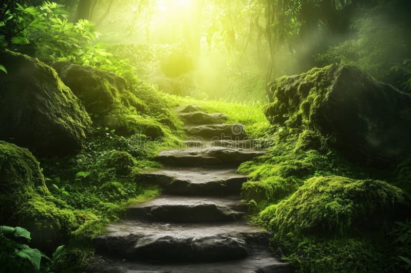 Lush Forest Pathway Leading To Sunlight, Moss-covered Stones, Vibrant ...