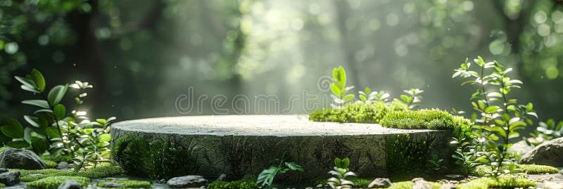 Lush Forest Scene with Sunlight Filtering through Trees Onto a Stone ...