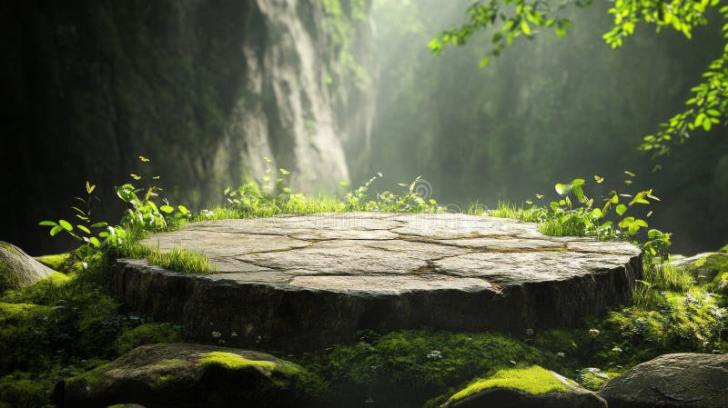 Lush Forest Scene with Tree Stump and Waterfall Stock Illustration ...