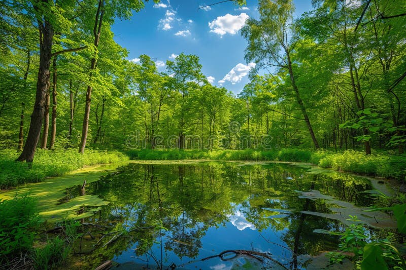 Lush Forest and Still Pond Under Bright Blue Sky, Summer Landscape ...