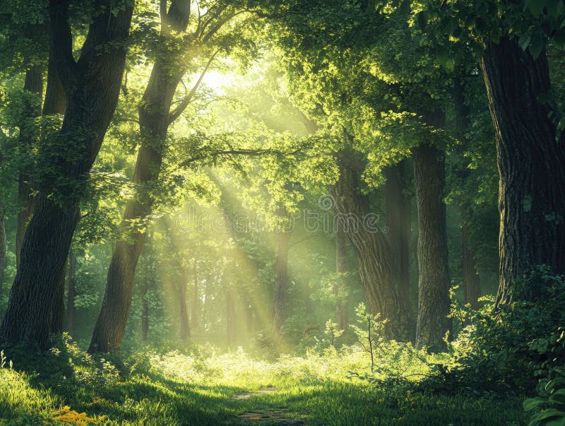 Lush Forest Sunlit Path stock image. Image of woodland - 367195919