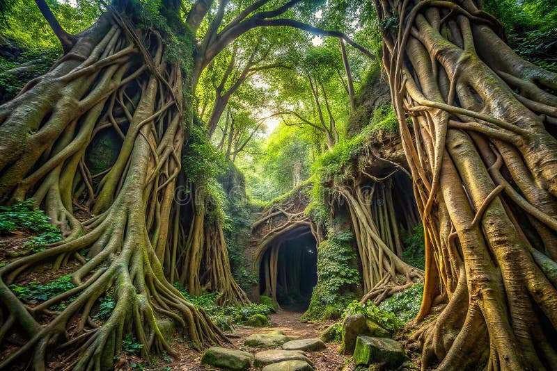 Lush Forest Tunnel, Ancient Roots, Hidden Path, Sunlight Stock ...