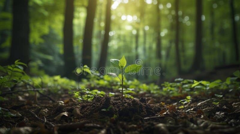 Lush Forest with Young Sapling and Towering Trees Representing Natureâ ...