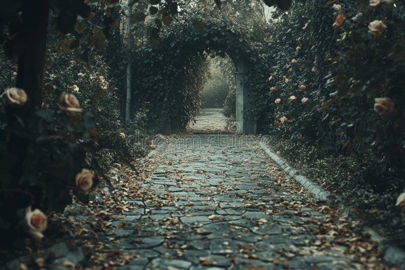 In a Lush Garden with a Nostalgic Feel, an Old Stone Path is Visible ...