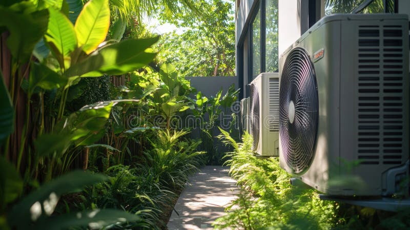 Lush Garden Path with Air Conditioning Units in a Serene Setting Stock ...