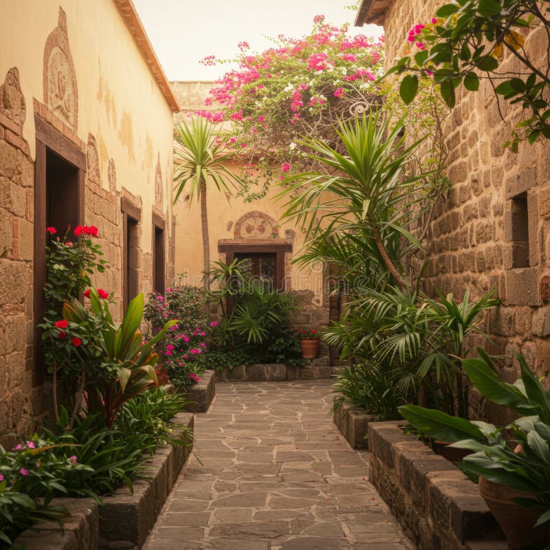 Lush Garden Path between Stone Walls Stock Illustration - Illustration ...