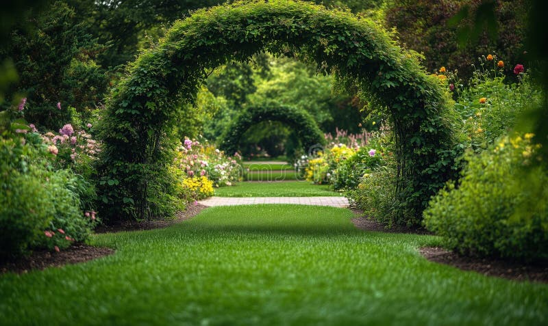 Lush Garden Pathway Archways Covered Greenery Vibrant Flowers Stock ...