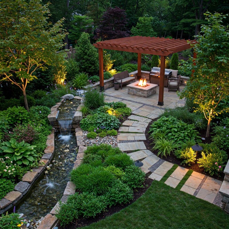 Lush Garden Pergola Fire Stream (Generated with AI) Stock Illustration ...