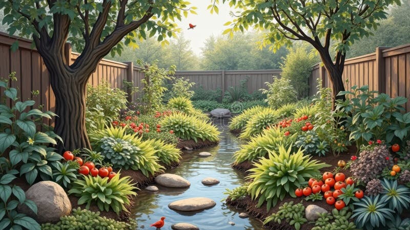 Lush Garden Stream with Tomato Plants and Birds in Serene Backyard ...