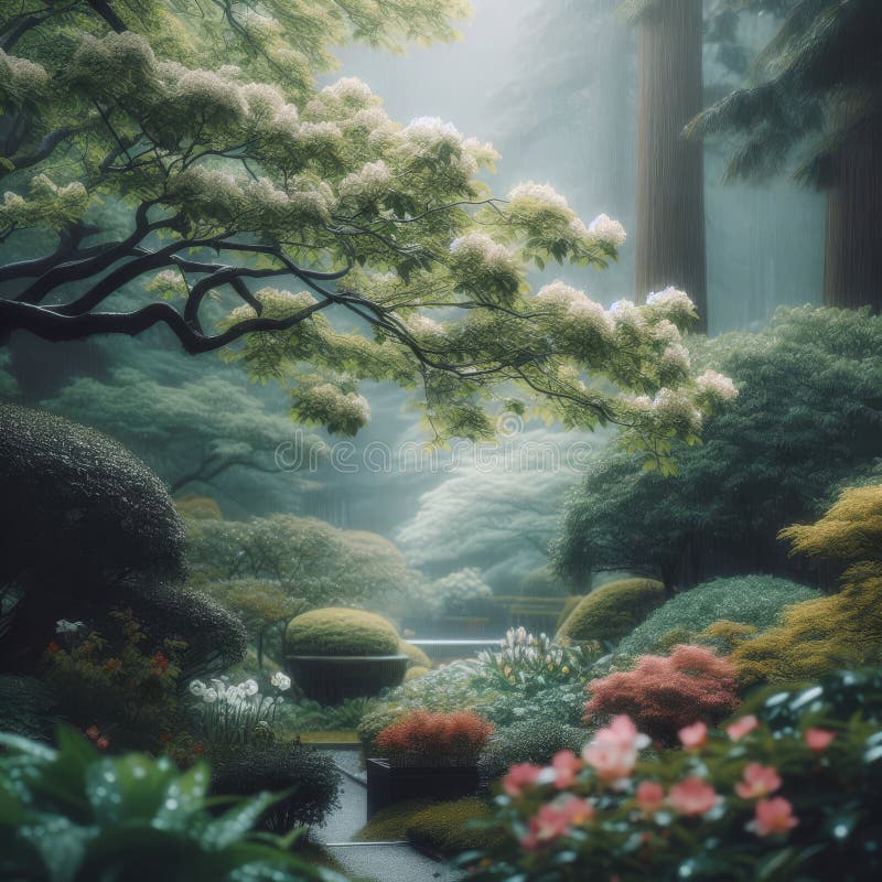 A Lush Garden Thrives, Enveloped in a Serene, Misty Atmosphere Stock ...