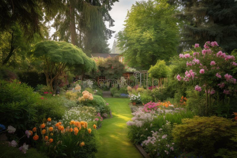 Lush Garden with Vibrant Blooms, Surrounded by Towering Trees Stock ...