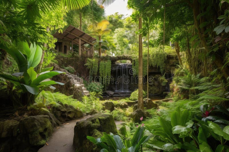 Waterfall Surrounded by Lush, Verdant Greenery in the Heart of a Rain ...