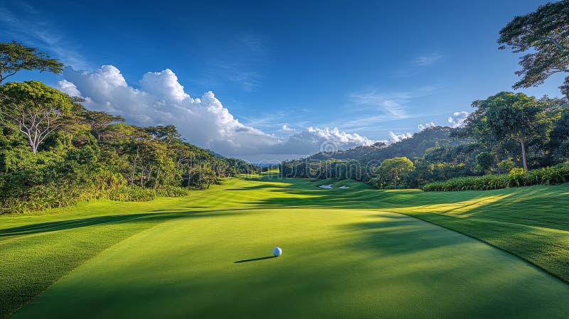 Lush Golf Course Landscape Under a Blue Sky with Fluffy Clouds and ...