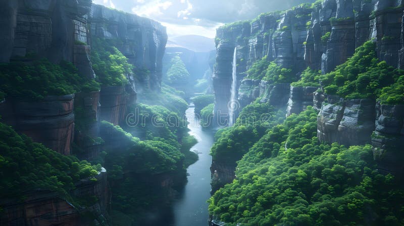 Lush Gorge 3D Illustration: River Valley Landscape Stock Illustration ...