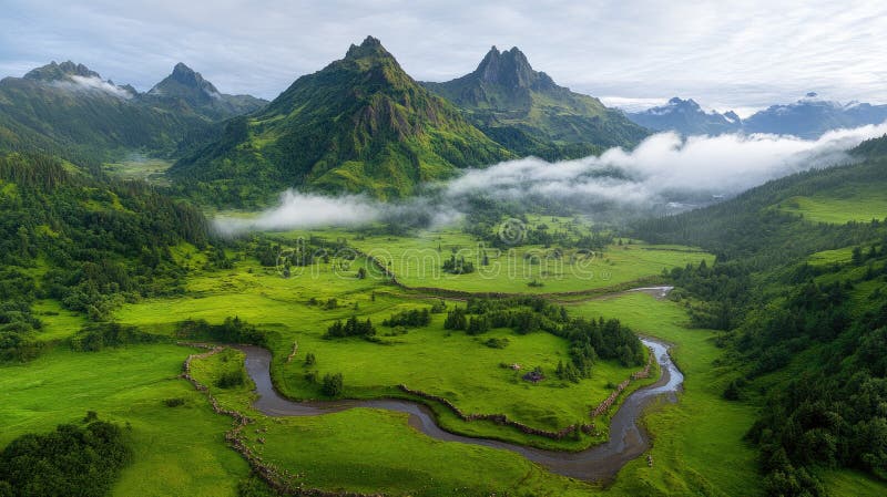 Lush Grass Surrounds a Stone Wall while Small Streams Meander through a ...